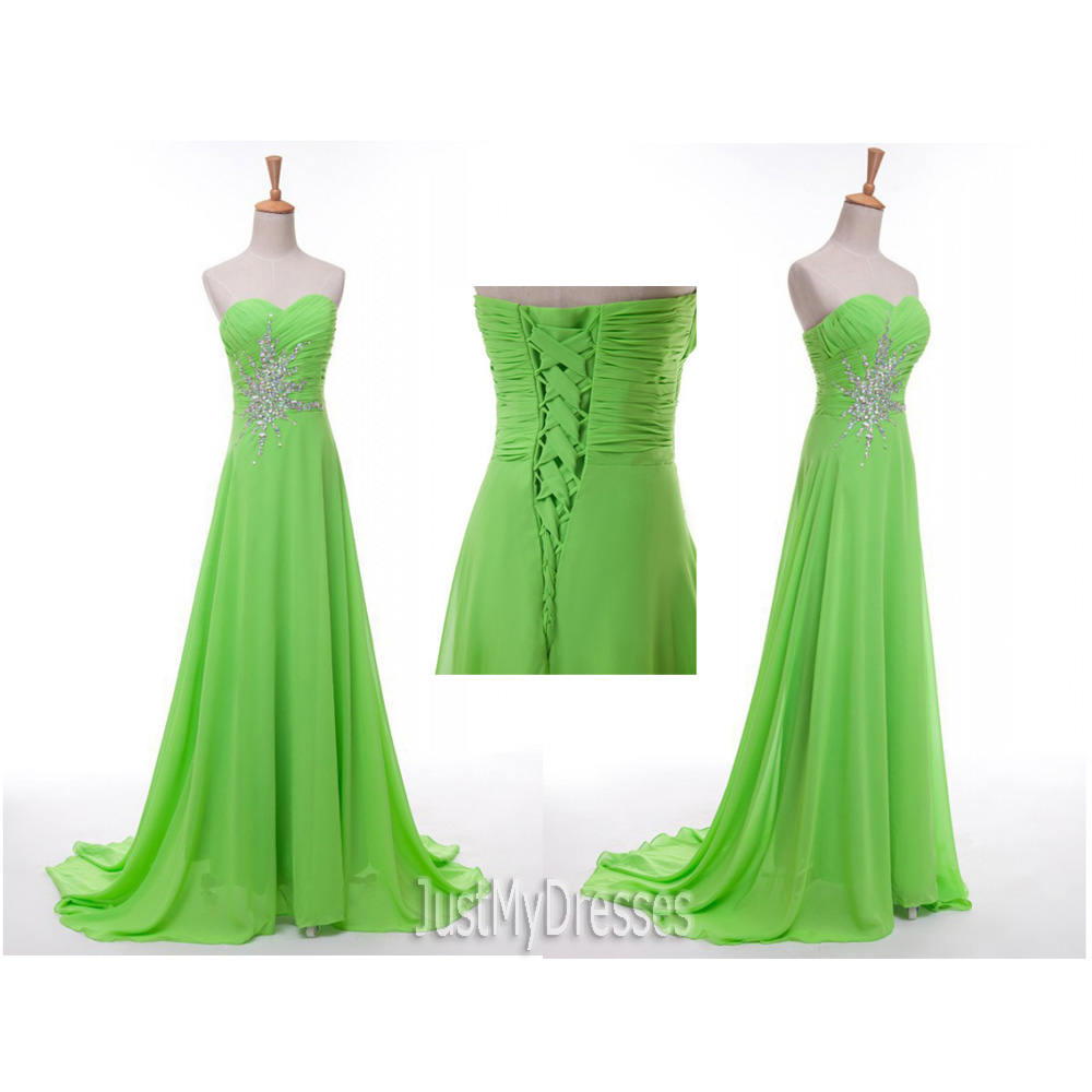 Green Long Dress A Line Sweetheart Sleeveless Chiffon Beaded Bridesmaid
